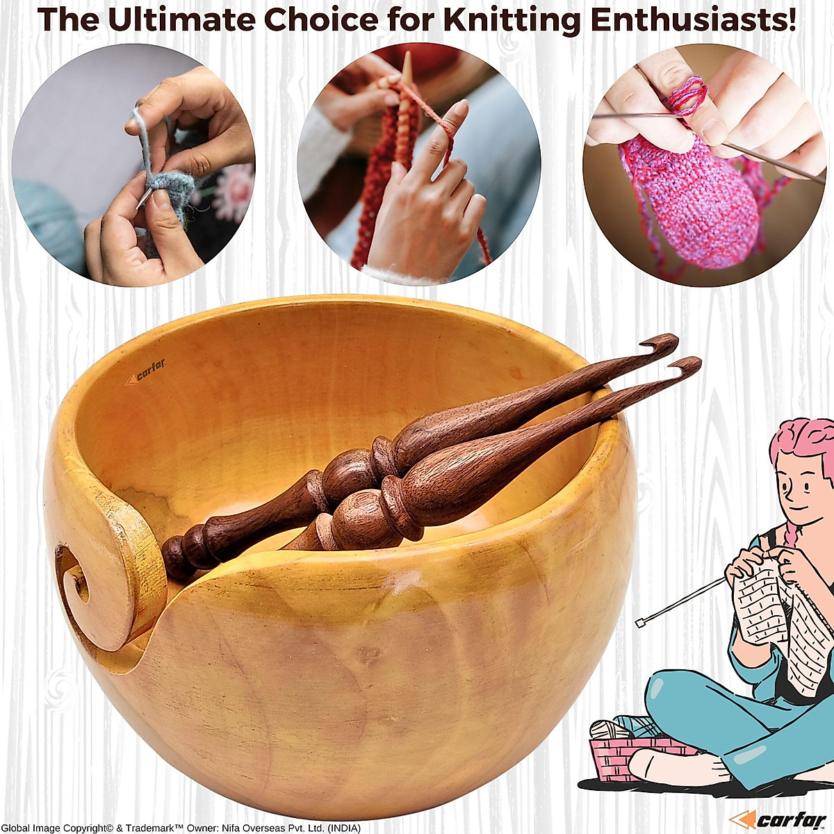Carfar Knitting Yarn Bowl & Crochet Hooks Set Handmade Natural Wood Yarn Holder Bowl for Crocheting and Knitting