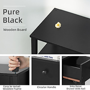 Lerliuo Black Night Stand, Small Nightstand with 2 Wood Drawers and Storage Shelf, Mid Century Modern Bedside Table with Wooden Frame, Rustic Bed Side Tables for Small Spaces, Nightstands for Bedroom