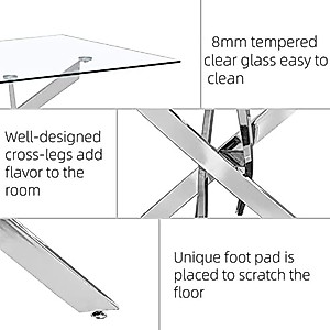 NIERN Tempered Glass Dining Table with Chromed Legs,47" Modern Rectangular Kitchen Table for Dining Room Kitchen,White