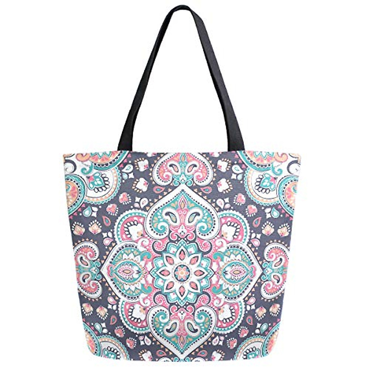 ZzWwR Beautiful Indian Floral Paisley Extra Large Canvas Shoulder Tote Top Handle Bag for Gym Beach Weekender Travel Shopping