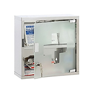 Medical Cabinet First Aid Locking Door and 2 Shelves for Medicine & Bandages, Made of Stainless Steel & frosted Glass. Wall Mount Storage Container 12 x 5 x 5 inch.