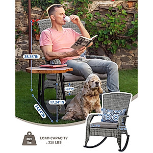 OYODHPDU Outdoor Rocking Chair- Rattan Patio Rocker Chairs with Cushions and Steel Frame- All Weather Outdoor Rocker Chair with 2 Replaceable Cushion Covers (Blue & Grey), 350lbs