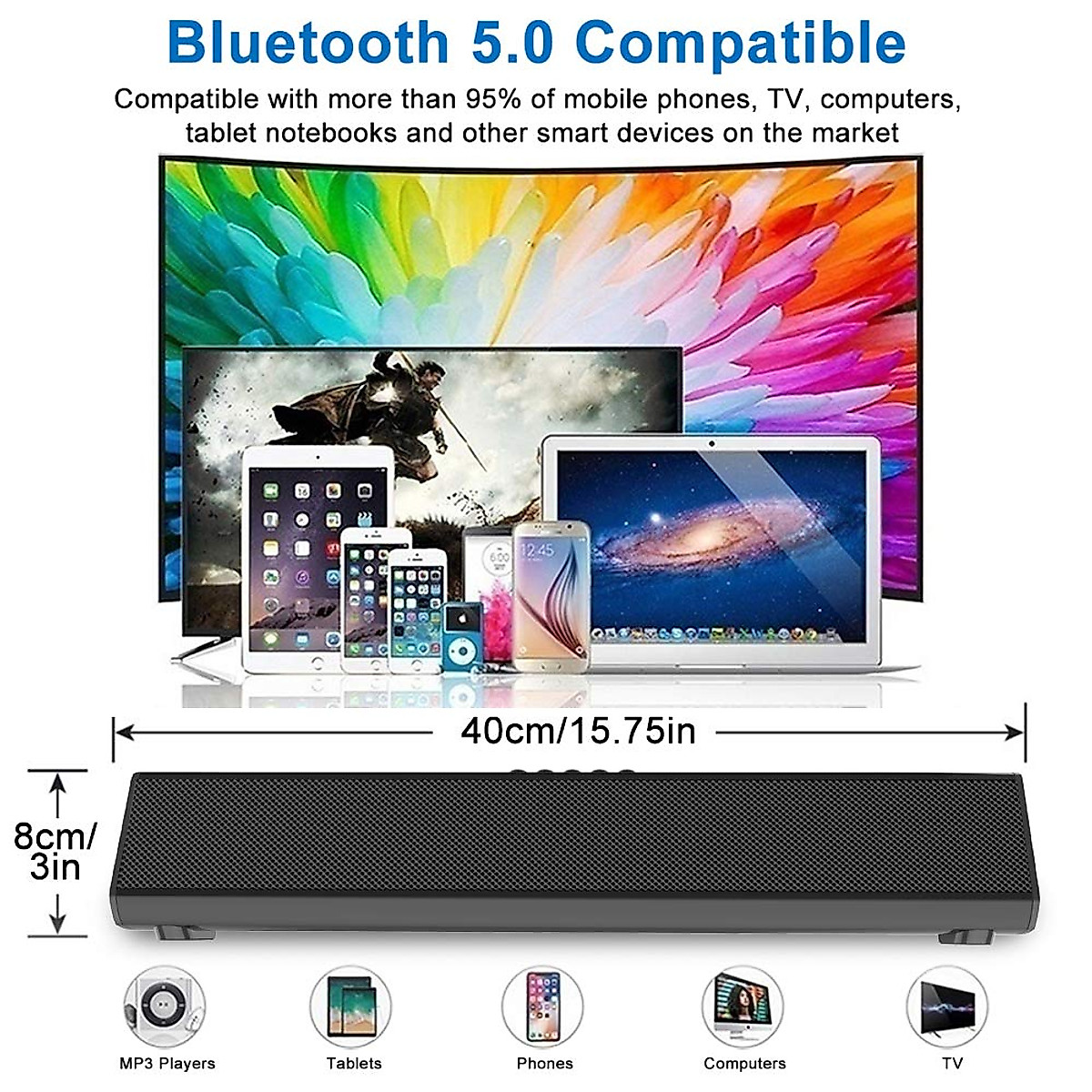 Portable Sound Bar for TV/PC, 105dB Bluetooth 5.0 Wireless & Wired Soundbar with 2200 mAh Battery, 3D Surround Sound Home Theater Built-in Subwoofer with Remote Control for Projectors/Phones/Tablets
