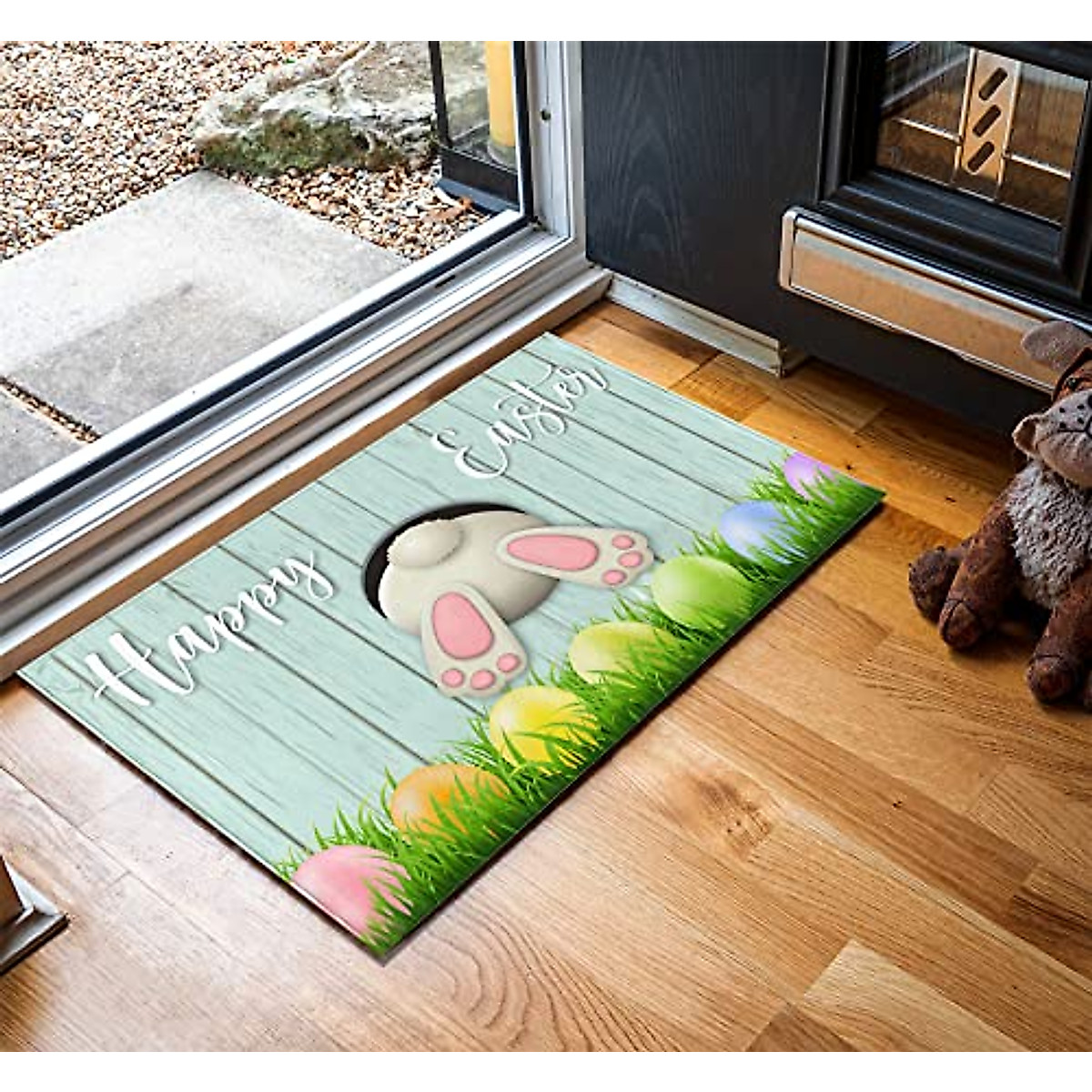 AUSTAB Easter Welcome Door Mat Bunny Tail Spring Floor Mat Indoor Outdoor Entrance Bathroom Door Mat Non-Slip Washable Greeting Party Decorations 17 X 29 Inches