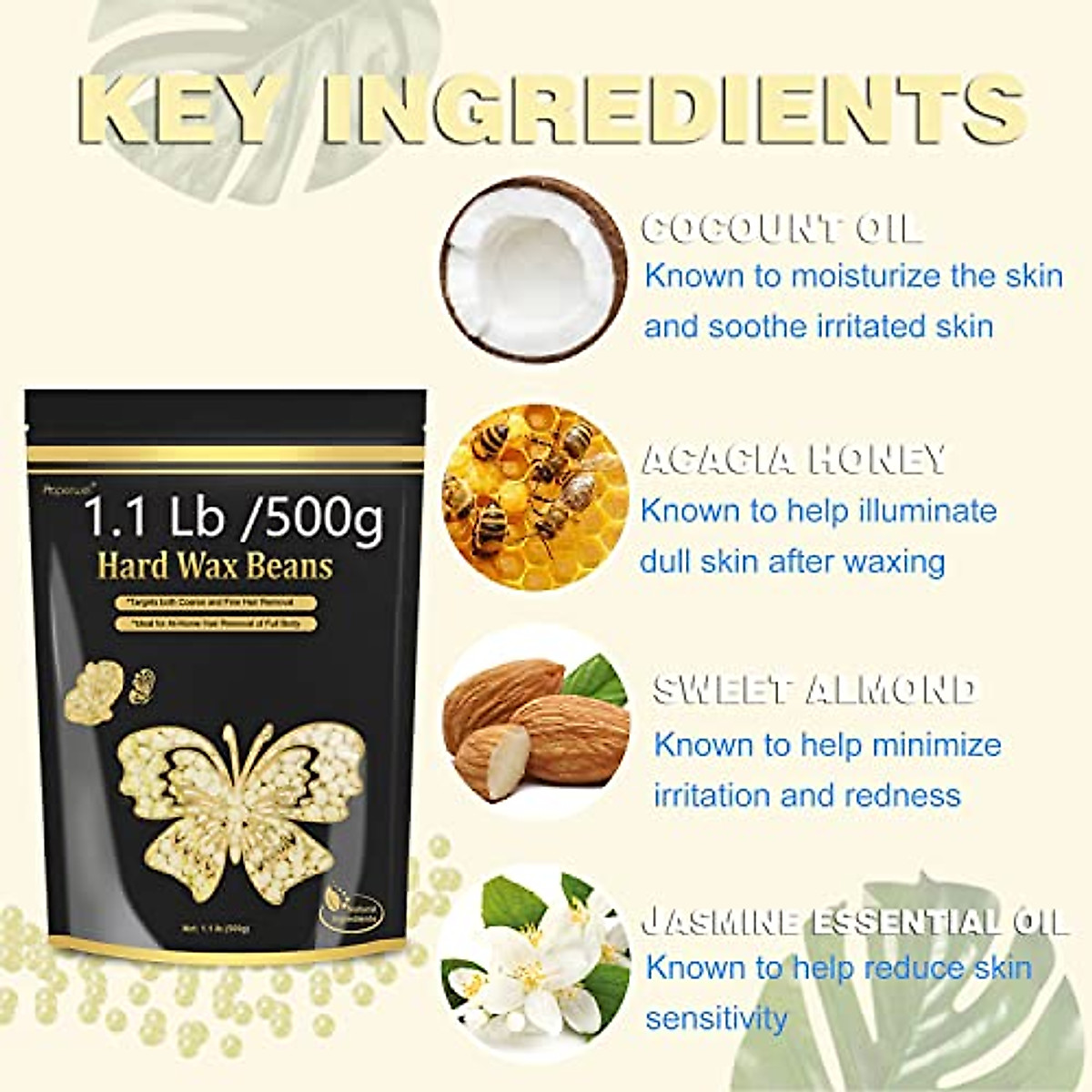 Hard Wax Beads for Sensitive Skin Hair Removal, 1.1LB Painless Pearl Waxing Beans with 20 Spatulas for Bikini, Eyebrow, and Facial At-Home Waxing for Women and Men (Cream)