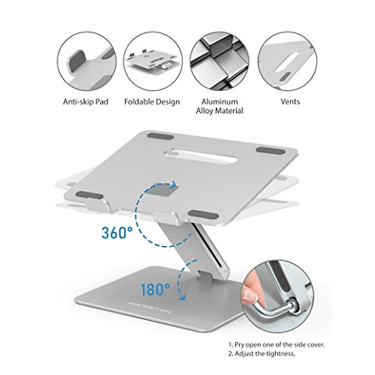 AboveTEK Laptop Stand, Adjustable Portable Computer Riser, Ergonomic Aluminum Notebook Desktop Holder for Desk, Compatible with MacBook Pro, Air, HP, Fits Up to 17 Inch Laptops, Silver