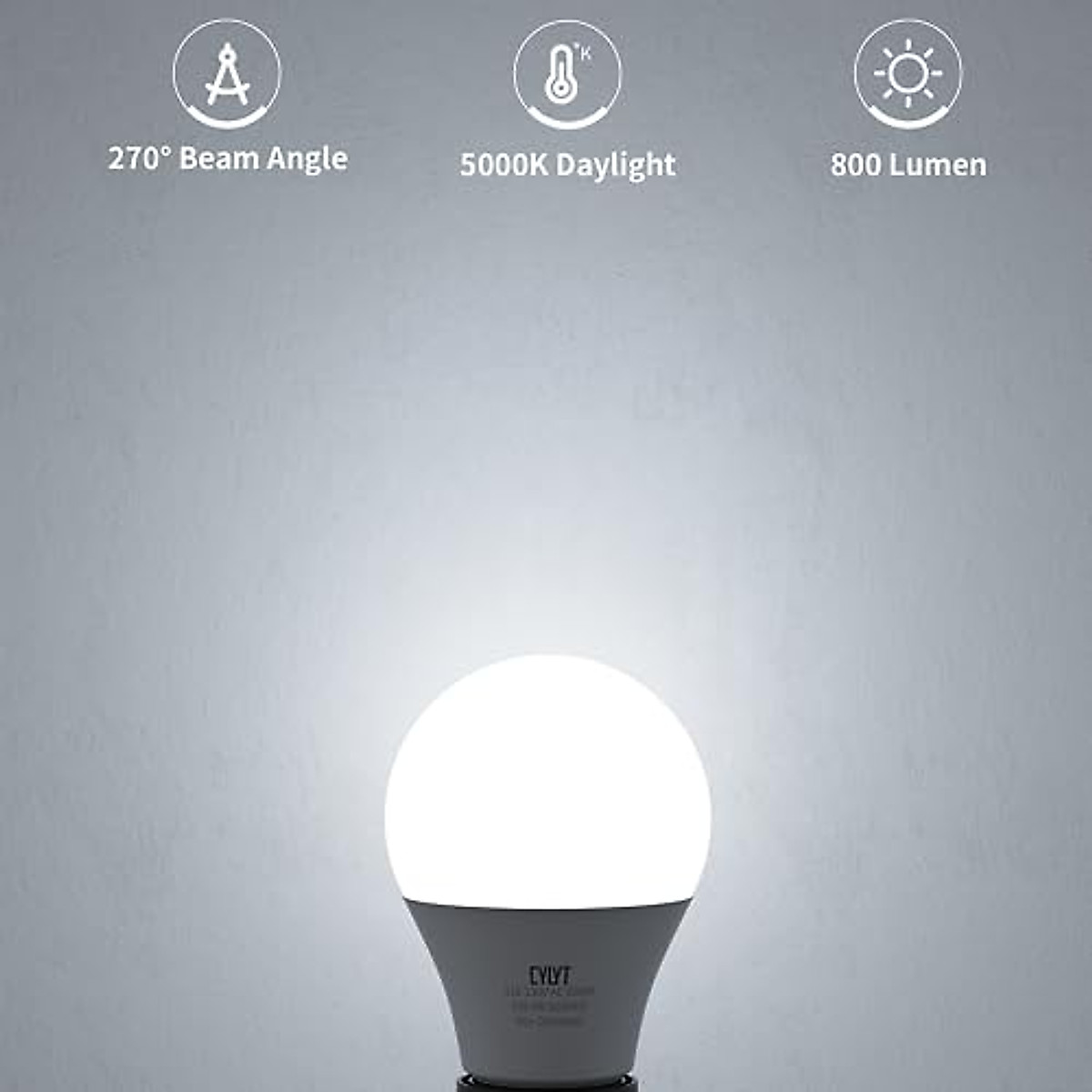 CYLYT A19 LED Light Bulb 60W Equivalent, Daylight White 5000K, 9W Energy Saving Bulbs, Focos LED para Casa, E26 Standard Base, for Kitchen Bedroom Indoor Outdoor, 800 Lumen, Non-diammable, 4-Pack
