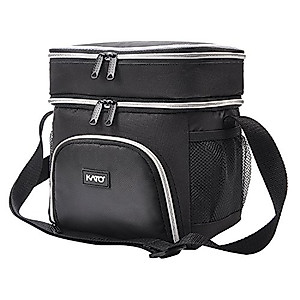 Kato Insulated Small Lunch Bag, Leakproof Dual Compartment Thermal Cooler Reusable Lunch Tote for Men and Women, Black