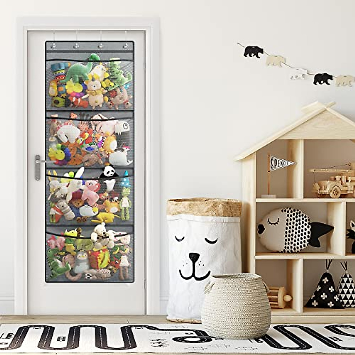 Fixwal 2pcs Over the Door Organizer, Stuffed Animal Storage for Closet Plush Toy, 4 Large Pockets Hanging Storage with Support Pole, Nursery Dorm Bedroom Bathroom Kids Room