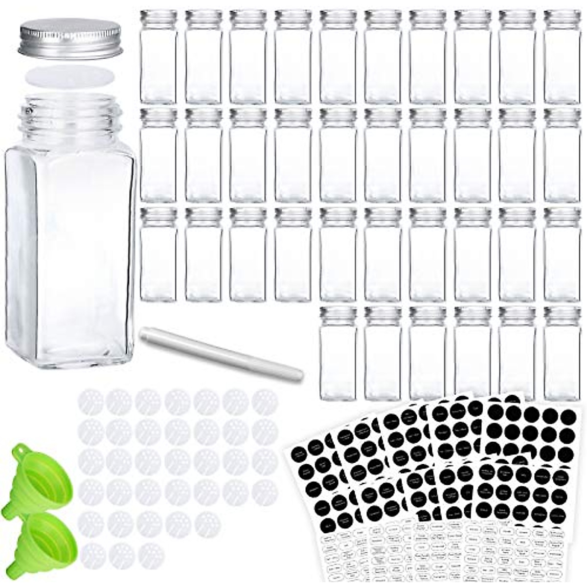 Glass Spice Jars, KAMOTA 36 PCS 4oz Empty Square Spice Bottles with Shaker Lids and Airtight Metal Caps - 662 Spice Labels Included.