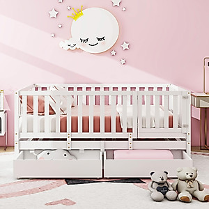 Wood Full Size Daybed with Fence Guardrails and 2 Drawers, Used as Independent Floor Bed & Daybed,for Kids Toddler Teens Adults Bedroom Use (White@Fence/, Full)