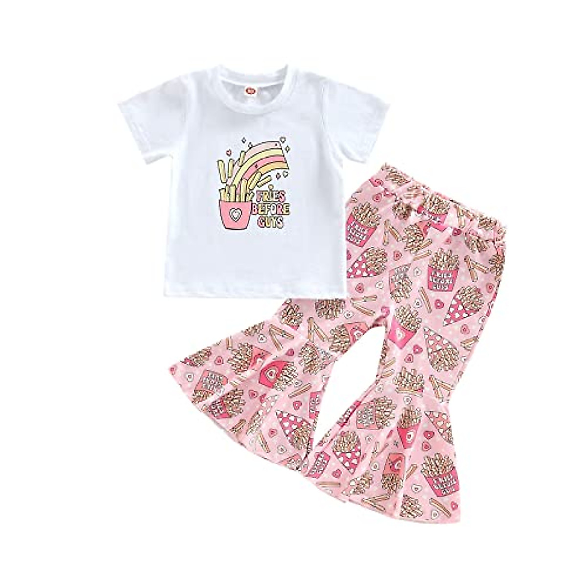 Toddler Baby Girls Valentine's Day Outfit Casual Short Sleeve T-Shirt Tops Heart Fries Flare Pants Bell Bottoms Clothes (Pink, 4-5 Years)