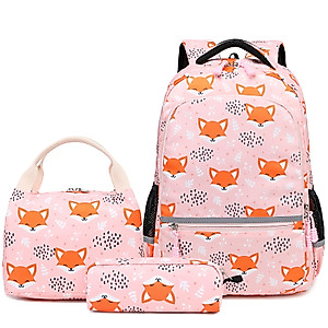 Girls Backpacks, Fox Backpack for Girls, Kids Fox School Bookbag Set with Lunch Box and Pencil Case