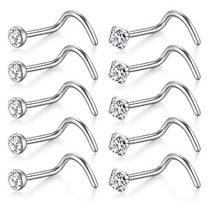 D.Bella Nose Rings 10Pcs 18G Nose Screw Rings Studs Surgical Steel Piercing Jewelry 2mm Clear CZ Silver