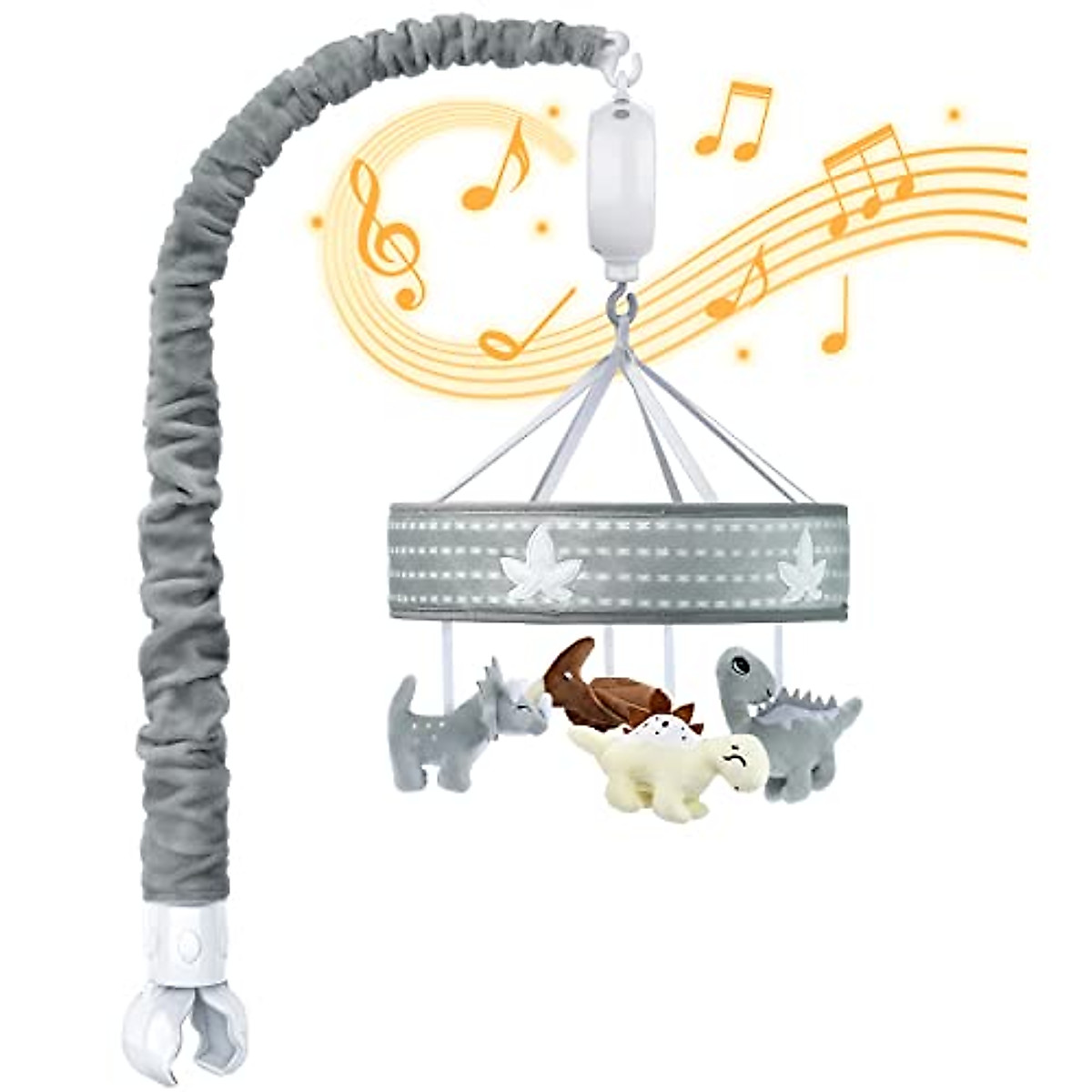 FEISIKE Crib Mobile for Boys,3 Modes Musical Crib Toy,12 Lullabies,Volume Control(Level 0-100),Gray,Claw Type Fit Crib and Bassinet,Dinosaur Jurassic Theme Toys