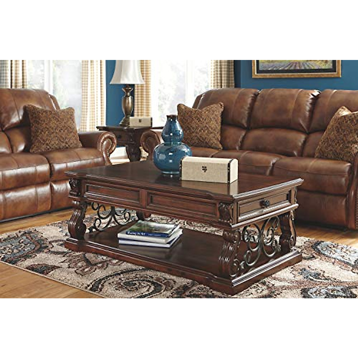 Signature Design by Ashley Alymere Traditional Lift Top Coffee Table, Hand-Finished with 2 Storage Drawers and Fixed Floor Shelf, Dark Brown