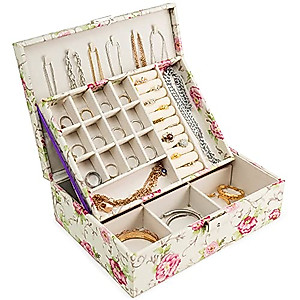 Jewelry Organizer Box - Women Two Layer Display Storage Case Large PU Leather Jewelry Holder with Lock for Earring Ring Necklace Bracelet, Beige White (Floral White)