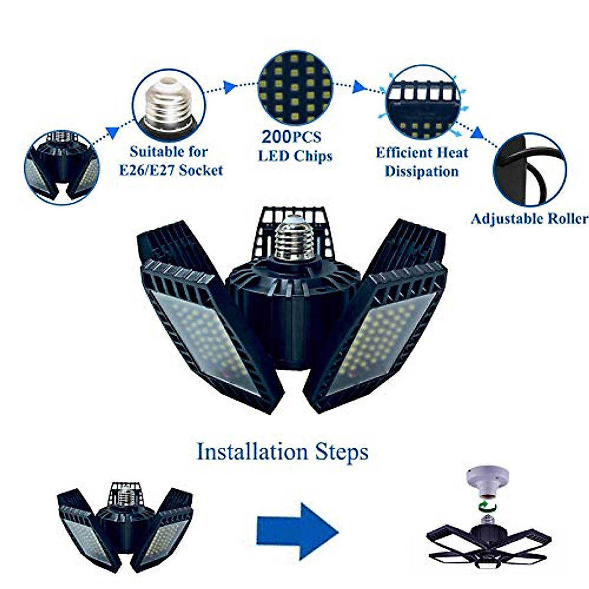 Garage Ceiling Lights, 10000LM Bright Led Deformable Lights for Garage, 100W LED Garage Light, Easy to Install 5 Glow Panels Ceiling Lamp for Basement Workshop Warehouse Attic Indoor Black