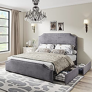AMERLIFE Queen Size Bed Frame with 4 Storage Drawers and Headboard, Queen Velvet Upholstered Platform Bed with Rivet Curved Adjustable Headboard/Strong Wooden Slats/Easy Assembly/Grey