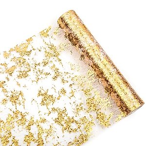 WELTRXE Gold Table Runner, Glitter Metallic Gold Thin Mesh Table Runner Roll 11 Inch x 16 Feet, Event Party Supplies Fabric Table Decorations for Wedding, Bridal Shower, Baby Shower, Birthday Party