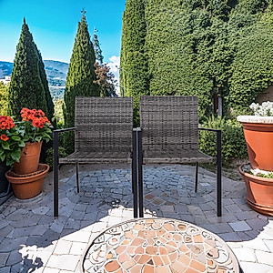 Set of 2 Dining Chair Wicker, Steel Frame Garden Outdoor Furniture, Backyard Deck 265lb with Armrest (Grey)