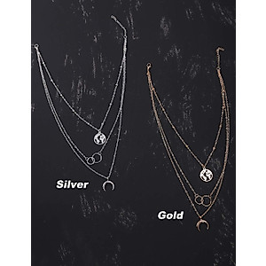 fxmimior 2 Tier Boho Dainty Layered Necklace Moon Necklaces Map Pendant Silver Gold Jewelry Stackable Choker Necklaces for Women and Girls (Silver)