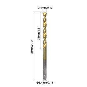 uxcell High Speed Steel Straight Shank Twist Drill Bit Fully Ground Titanium Coated 3.4mm Drill Diameter 70mm Total Length 33mm Drill Bit Length 2 Pcs