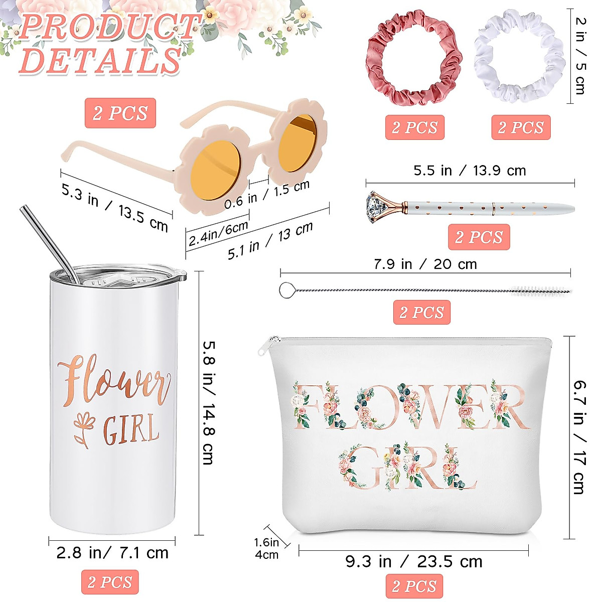Flower Girl Proposal Gifts Flower Girl Tumblers with Straws Be My Flower Girl Card with Envelope Canvas Makeup Bag Sunglasses Hair Scrunchies Diamond Pen for Wedding Bridal Shower (White, 16 Pcs)