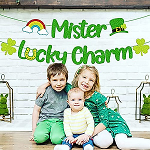 Mister Lucky Charm Banner St. Patrick Day Decoration for Boys Glitter Green Three Leaf Clover Shamrock Garland for Irish Day Party Decor Lucky Themed Men Boys Birthday Baby Shower Party Anniversary Celebration Supplies