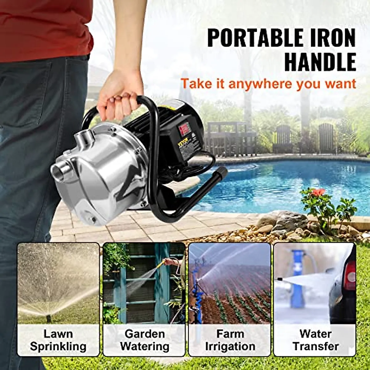 VEVOR Shallow Well Pump, 1.1 HP 115V, 978 GPH 131 ft Height, 69.6psi Max Pressure, Portable Stainless Steel Sprinkler Booster Jet Pumps for Garden Lawn Irrigation system, Lake Fountain, Water Transfer