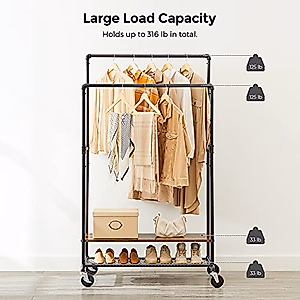 VASAGLE Rolling Clothes Rack, Double Rail Garment Rack on Wheels, Heavy-Duty Clothing Rack with Shelves, Industrial Pipe Design, Rustic Brown and Black URGR120B01