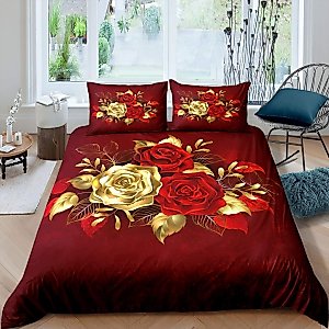 Feelyou Rose Comforter Cover Set for Woman Adults Rose Floral Print Duvet Cover Romantic Flowers Pattern Bedding Set Valentine's Day Quilt Cover,Room Decor 3Pcs Bedding Queen Size,Red