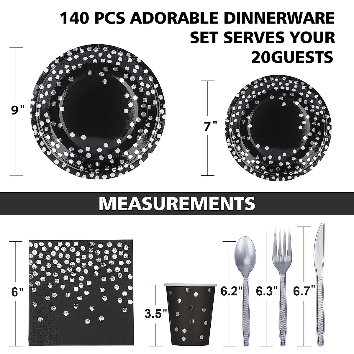 LTplazhi 140PCS Black and Silver Party Supplies - Dinner Plate, Dessert Plate, Napkin, Cup, Forks, Knives, Spoons - Biodegradable