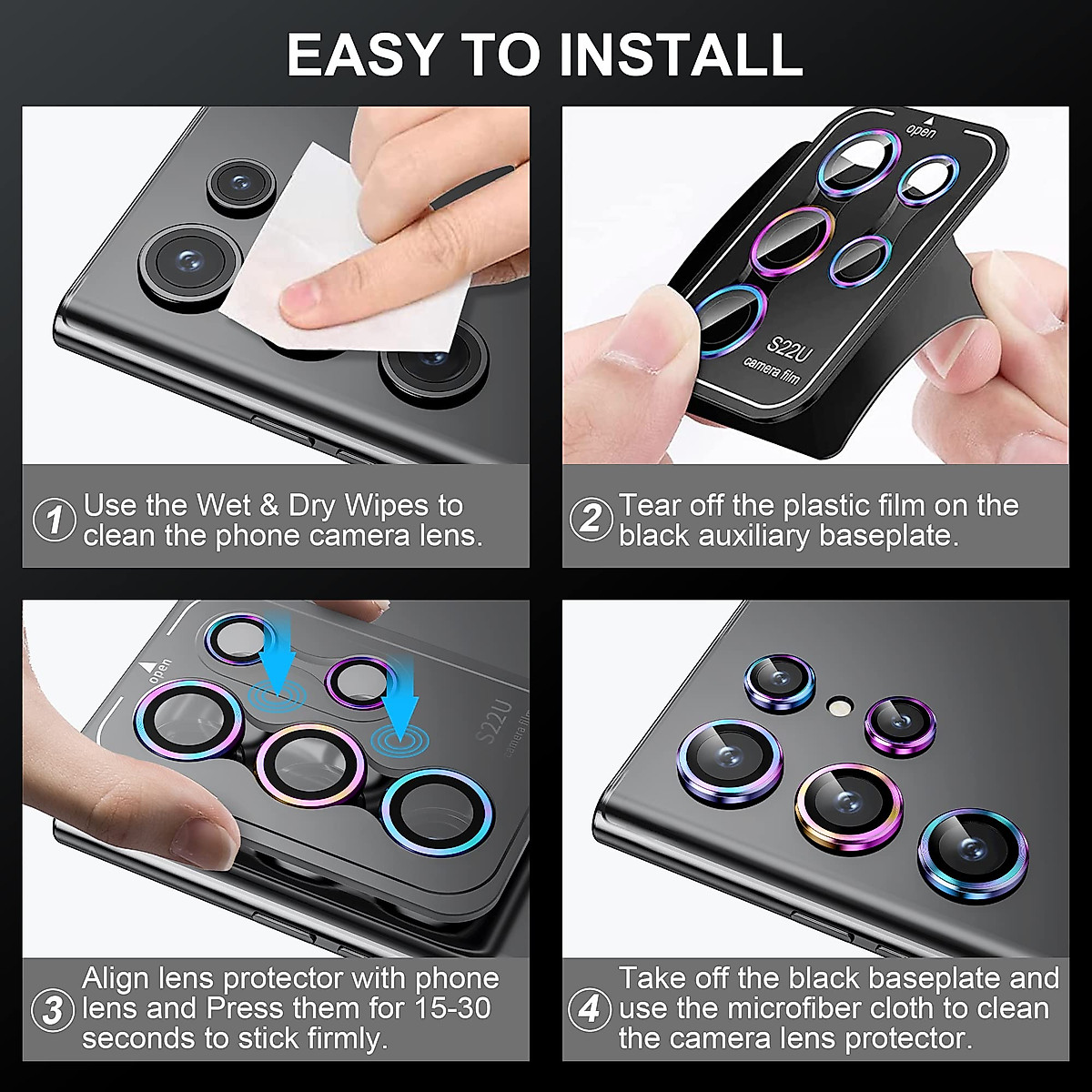 Hoerrye Camera Lens Protector for Samsung Galaxy S22 Ultra, Scratch-Proof, Drop-Proof Alloy Phone Screen Camera Cover Protection for 6.8'' Accessories - Black