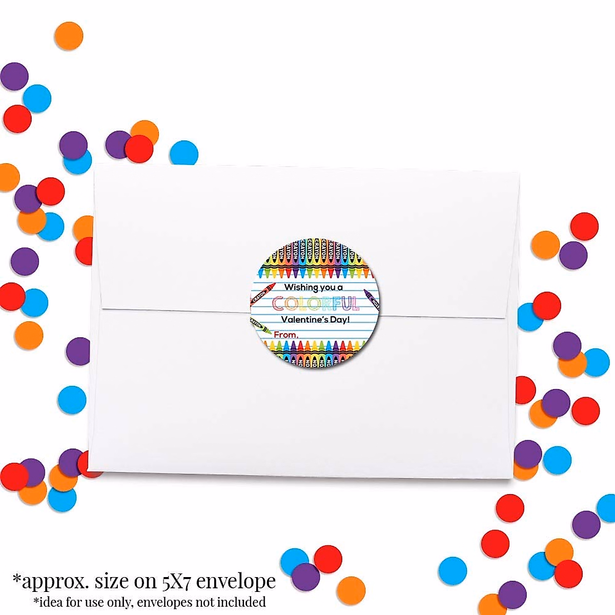 Colorful Crayon Valentine Party Favor Sticker Labels, 40 2" Party Circle Stickers by AmandaCreation, Great for Classroom Valentines, Envelope Seals, Gifts & Treats