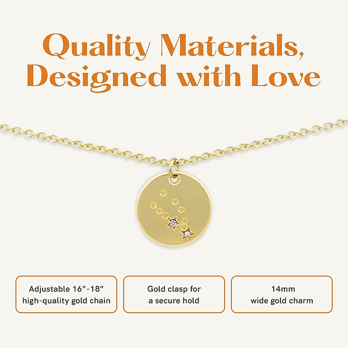 Lucky Feather Taurus Zodiac Sign Constellation Pendant Necklace for Women, 14K Gold-Dipped with Adjustable 16” – 18” Chain