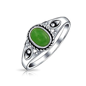 Bling Jewelry Petite Cabochon Boho Fashion Bali Style Oval Dyed Green Jade Bezel Filigree Band Ring For Women .925 Sterling Silver August Birthstone