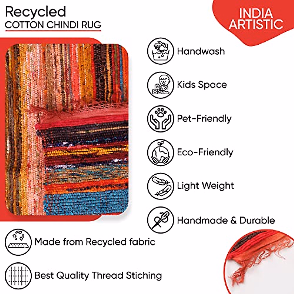 India Artistic Multi Color Chindi Rag Rug 4X6' | Hand Woven Rug & Reversible Rug | Recycled Cotton Chindi Rug for Living Room Kitchen | Rustic Rug | Cotton Rug | Runner Rugs (Red Colour)