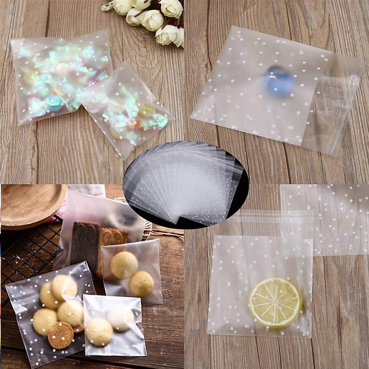 LiyuanQ Christmas Self Adhesive Candy Bag 200 PCS Cellophane Cookie Bags Self-adhesive Sealing Cellophane Bags White Polka Dot Clear Bags OPP Plastic Party Bag for Bakery, Candy (5.5 x 5.5 inches)
