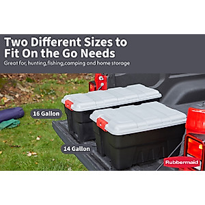 Rubbermaid Pack & Go 16 Gal Storage Tote, Durable Design and Easy to Transport, Built-In Handles, Tie Down Channels and Lockable Snap Tight Lid, Black Base with Gray Lid and Red Handles, Pack of 3