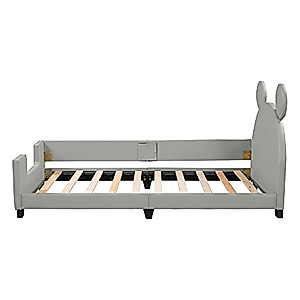 TARTOP Upholstered Twin Daybed Frame for Kids, PU Leather Twin Platform Bed with Carton Ears Shaped Headboard, Wood Twin Sofa Bed for Girls Boys, No Box Spring Needed,Gray