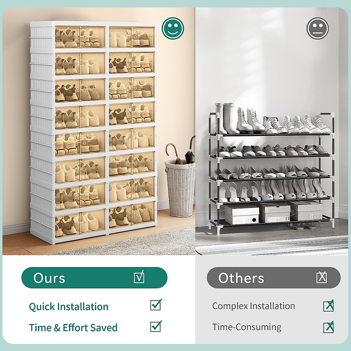 YITAHOME 8 Tiers-32 Pairs Easy Assembly Shoe Rack with Magnetic Doors, Foldable Shoe Storage Boxes for Closet, Collapsible Shoe Cabinet Sneaker Organizer for Entryway, Living Room, Closet (White)