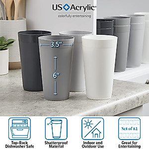 US Acrylic Newport 20 ounce Unbreakable Plastic Stackable Water Tumblers in Grey Stone | Set of 12 Drinking Cups | Reusable, BPA-free, Made in the USA, Top-rack Dishwasher and Microwave Safe