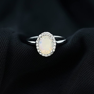 Rosec Jewels Natural Ethiopian Opal Halo Engagement Ring with HI-SI Diamond | 1.50 Cttw | AAA Quality, 14K White Gold, Size:US 4.50