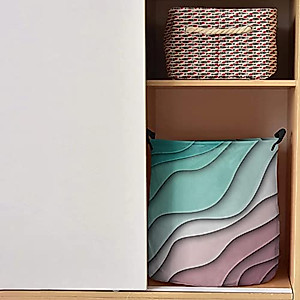 Laundry Basket Turquoise Pink Gradient Beach,Waterproof Collapsible Clothes Hamper Modern Abstract Geometric Art,Large Storage Bag for Bedroom Bathroom 16.5x17In