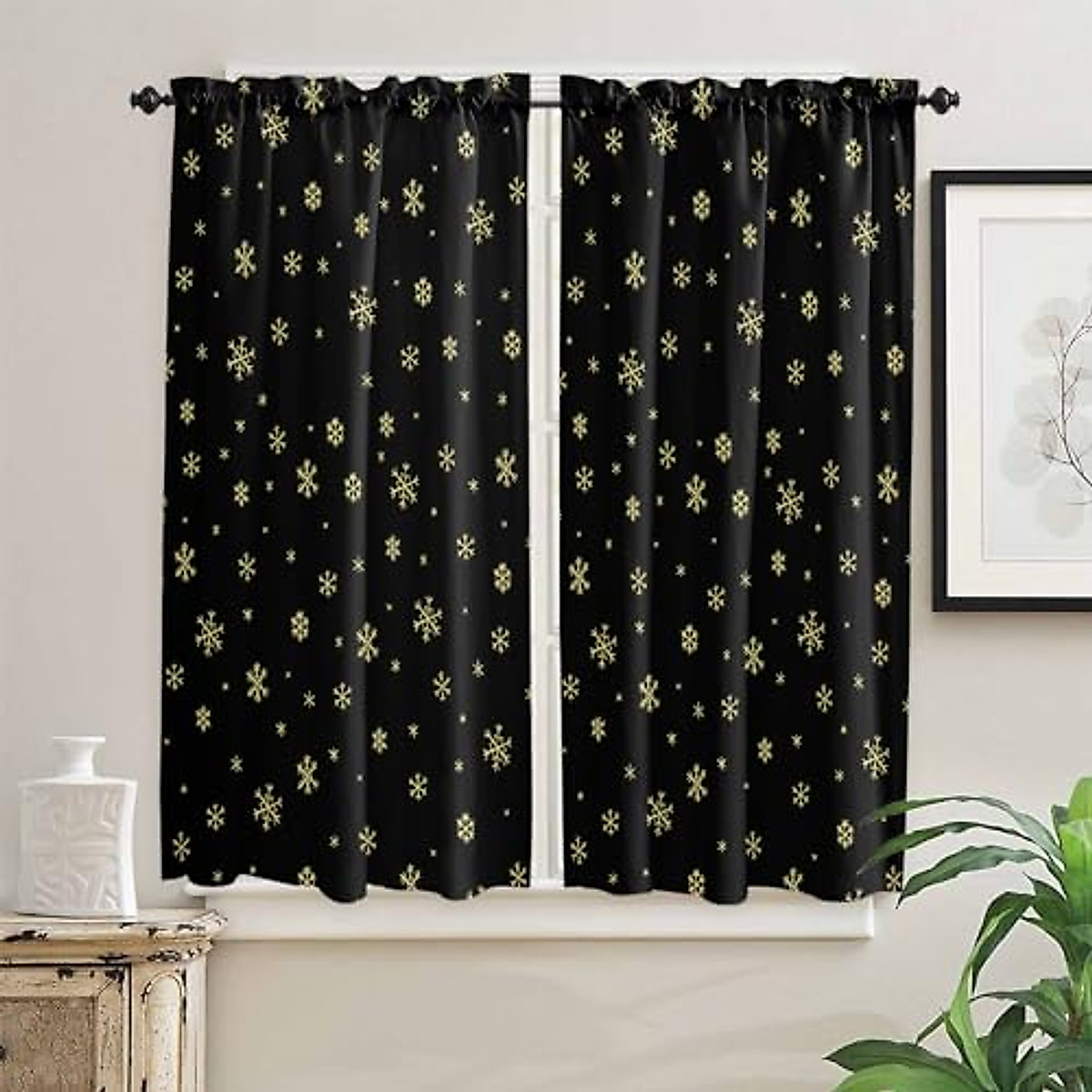 Gold Snowflakes Kitchen Curtains 63 Inch Length, Rod Pocket Light Filtering Window Curtains for Living Room Bedroom Drapes Cafe Curtains Window Treatment Seasonal Winter Christmas Black Backdrop