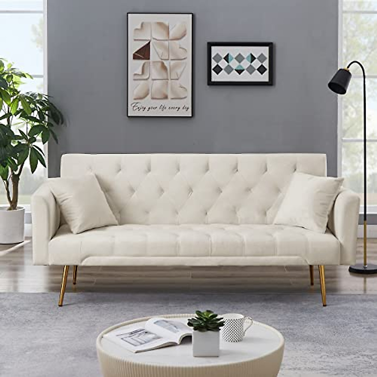 3 in 1 Loveseat Sofa Sleeper Couch Bed, 2 Seater Sofa & Couch Tufted Upholstered Adjustable Backrest Futon Convertible Sleep Daybed for Living Room Beige Velvet with 2 Pillows Metal Legs