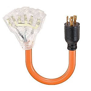 SURIEEN 30 Amp to 15 Amp Adapter Generator Power Cord, 3 Prong NEMA L5-30P Male Plug to 3X 5-20R/5-15R Female, Connectors Adapter Cord with Lighted End, 1.5 FT