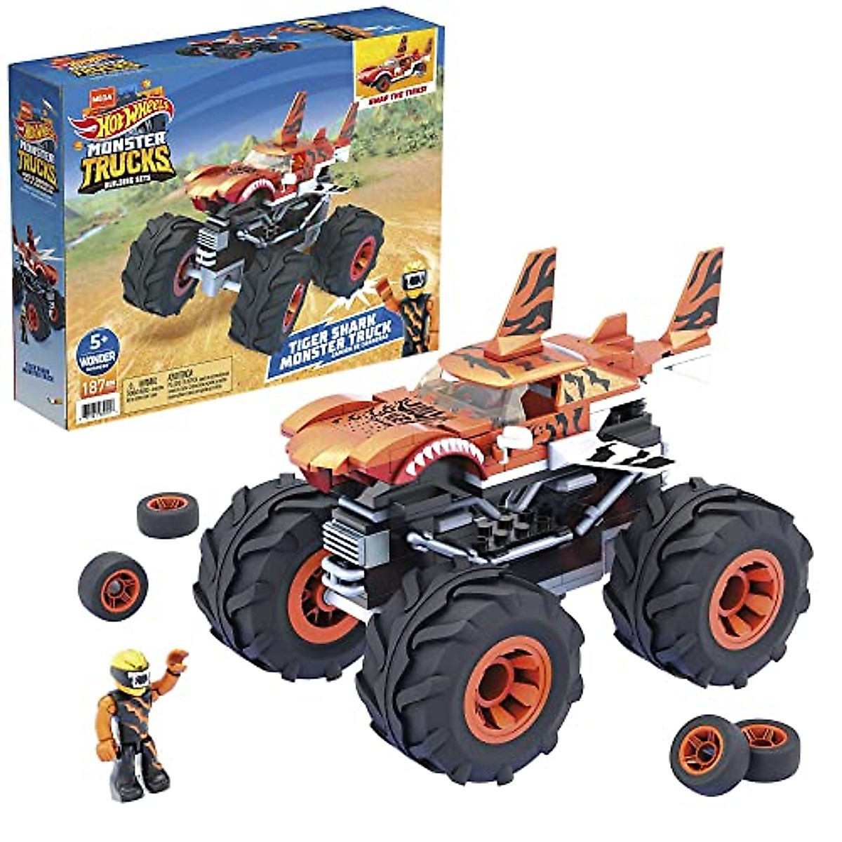 MEGA Hot Wheels Monster Trucks Building Toy Playset, Tiger Shark with 187 Pieces, 1 Micro Action Figure Driver, Orange and Black, Kids Age 5+ Years