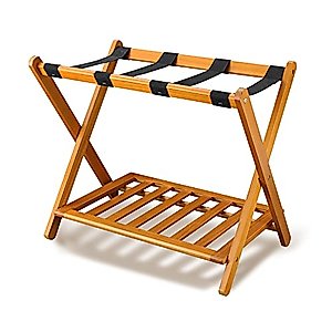 Stony Edge Folding Luggage Rack | Honey Oak Wood Finish, 27x16x22 Inches | Perfect for guest room with Extra Shelf Storage | Suitable for Luggage, Suitcase and Shoes